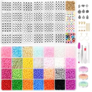 paodey 4mm seed beads uniform, 1000pcs letter beads, 28 colors 6500pcs size 6 glass seed beads for bracelets making, loom for name friendship bracelets jewelry making kit with tools