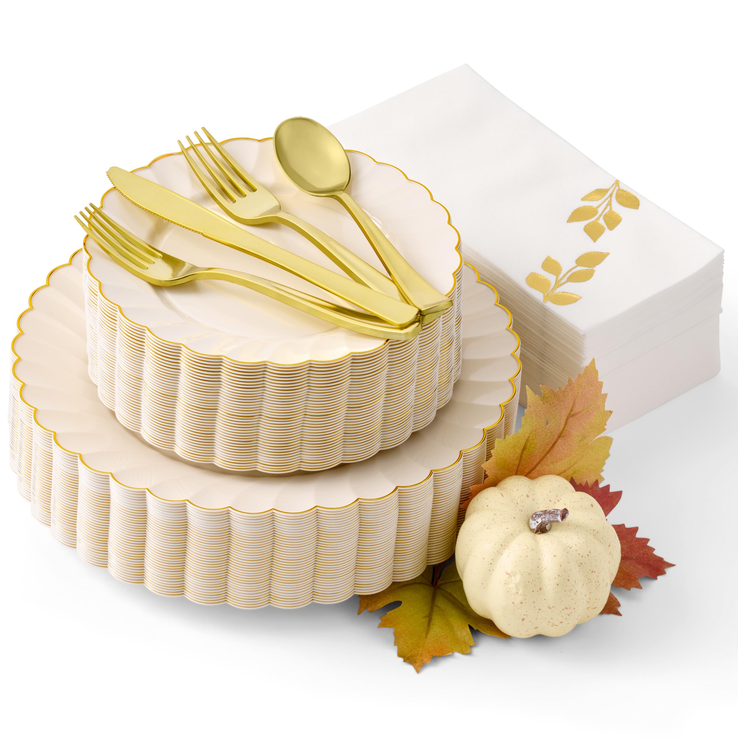 By Madee HEAVYWEIGHT 175 Pc Thanksgiving Plates and Napkins Sets | Ivory Scalloped Plates with Gold Trim | Fall Plastic Plates, Cutlery, Gold Leaf Napkins | High End Disposable Plates (25 Guests)