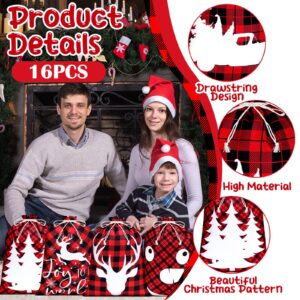 Windyun 16 Pcs Christmas Drawstring Bags Bulk Large Xmas Buffalo Plaid Drawstring Cloth Gift Bags 12 x 16 Inch Gift Wrapping Bags Drawstring Storage Sack Bags for Party Favor