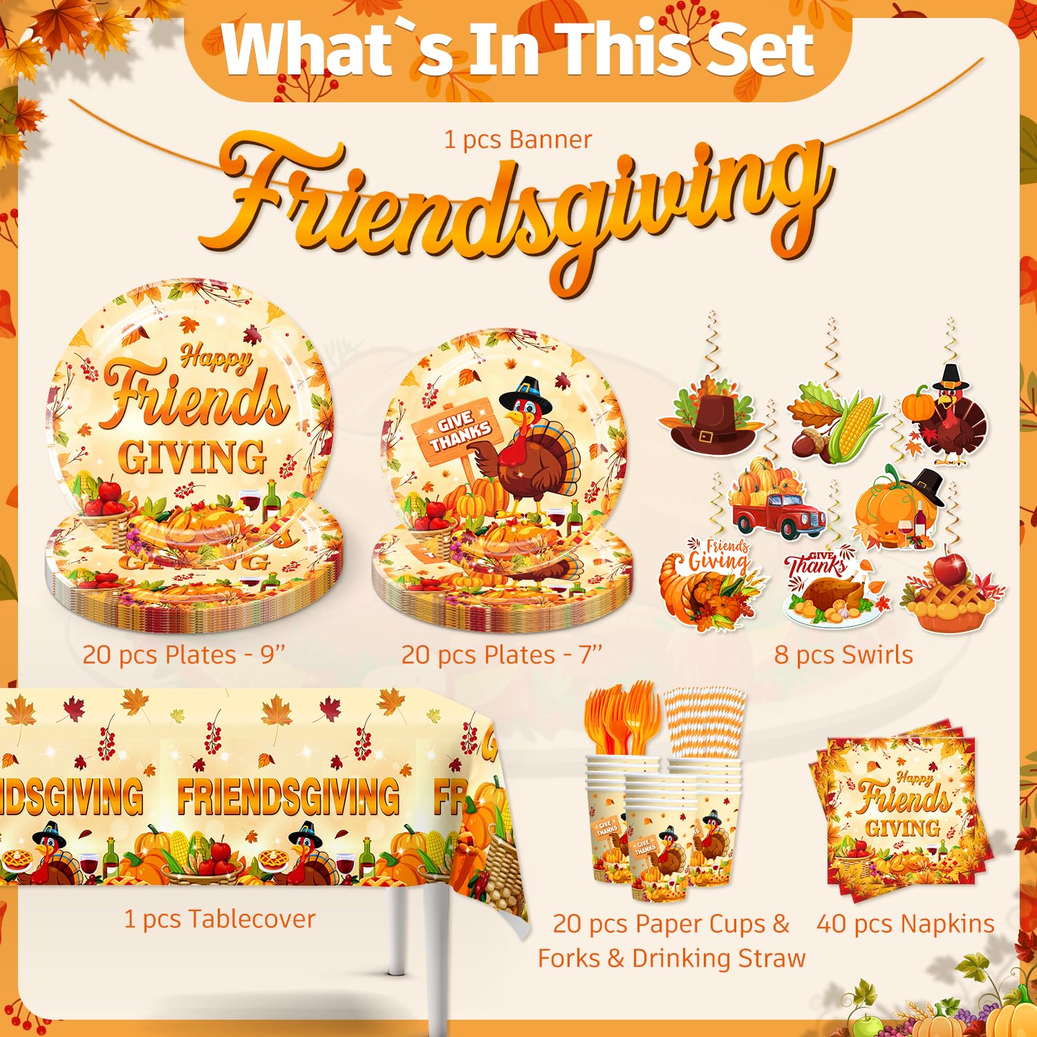 158pcs Friendsgiving Party Decorations, Friendsgiving Tableware Set, Thanksgiving Plates Party Supplies, Fall Table Decorations Give Thanks, Thanks Friends Giving Party Tableware for 20 Guests