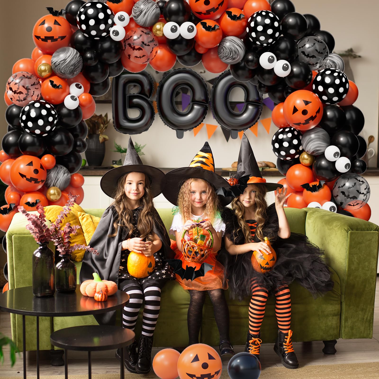 AobkDeco 141 PCS Halloween Balloons Arch kit Black Orange Gold Eyes Balloons Halloween Balloon with BOO Balloons,3D PVC Bats and Marble Agate for Halloween Theme Party Supplies Haunted House Parties