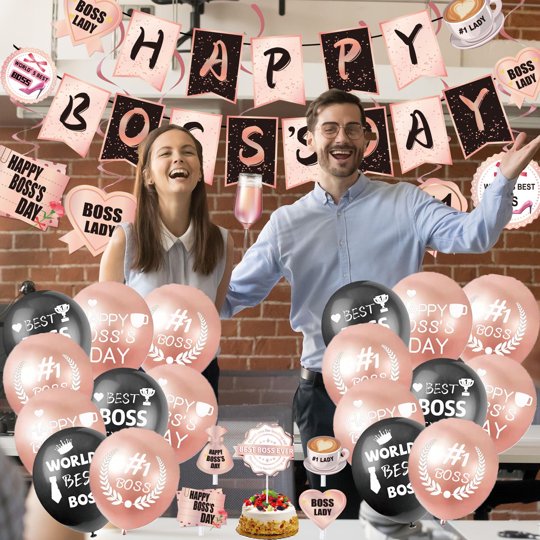 Happy Bos Day Decorations Women 40 PCS Bos Day Decorations For Office With Happy Bos's Day Banner Hanging Swirls Balloons Cake Topper Best Bos Ever Decorations Happy Bos Day Decor Rose Gold