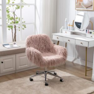 GOOLON Fluffy Desk Chair, Faux Fur Furry Home Office Chair, Fuzzy Swivel Armchair with Wheels, Height Adjustable Silver Base for Girls, Bedroom, Pink