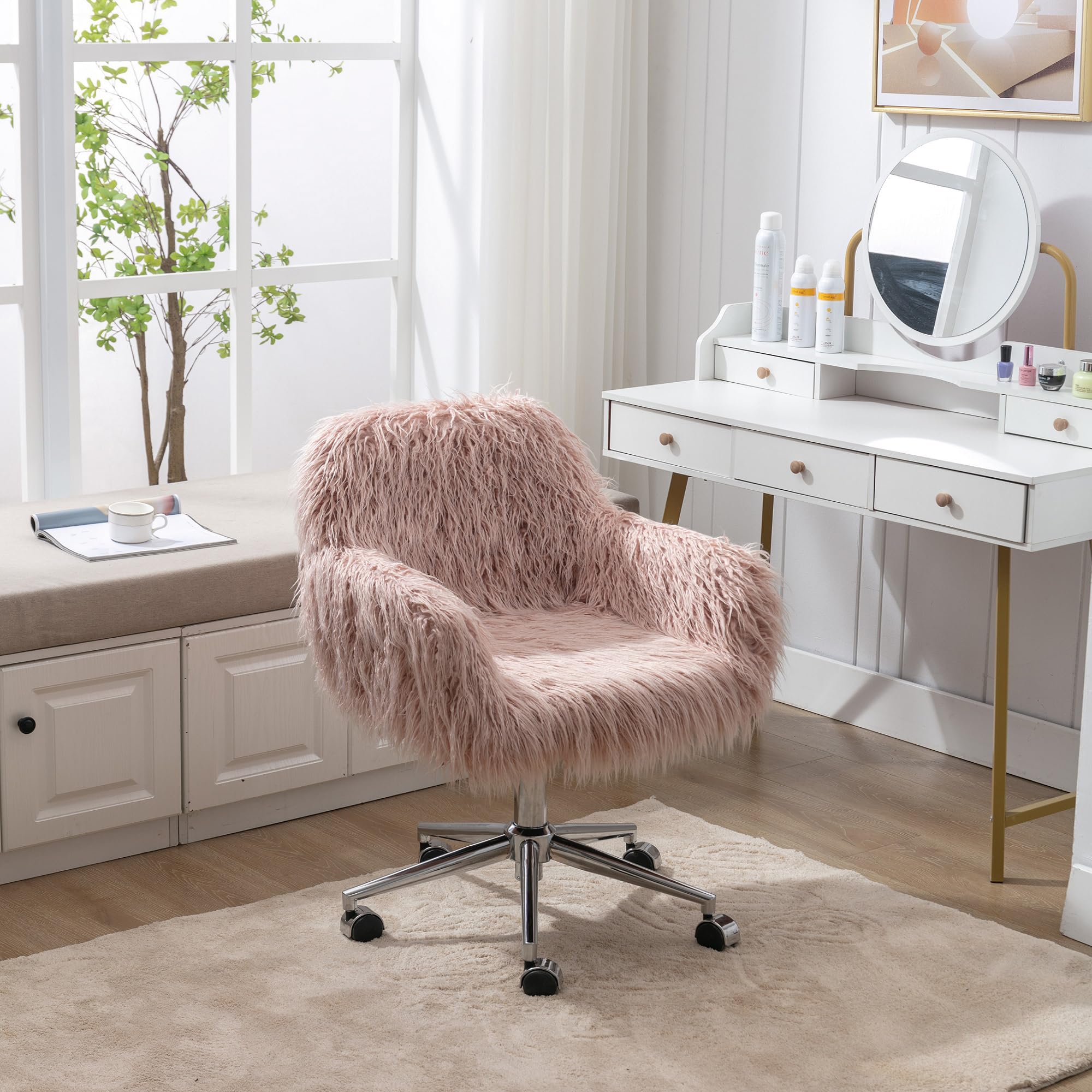 GOOLON Fluffy Desk Chair, Faux Fur Furry Home Office Chair, Fuzzy Swivel Armchair with Wheels, Height Adjustable Silver Base for Girls, Bedroom, Pink