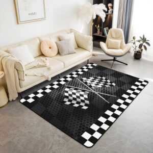 black white check flag print area rug 3'x5',racing car extreme sports decor non shedding rug for kids teen adults,geometry square honeycomb decorative carpet for playroom bedroom dining room