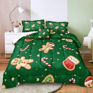 Herside Christmas Comforter Set Queen Size Bedding Set Xmas Snowflakes Gingerbread Man Design Cute Christmas Bedding Comforter Set for Boys Girls (Green,Queen)