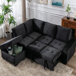 bellemave sectional sleeper sofa pull out couch with storage & usb charging l shaped convertible sofa bed with ottoman for living room apartment, black