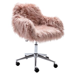 GOOLON Fluffy Desk Chair, Faux Fur Furry Home Office Chair, Fuzzy Swivel Armchair with Wheels, Height Adjustable Silver Base for Girls, Bedroom, Pink