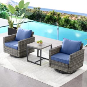 hummuh 3-piece patio swivel chairs,pe wicker outdoor rocking chairs bistro set with side table porch balcony furniture with cushions