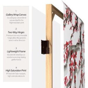 Red Lantern 2 ft. Short Double Sided Plum Blossom Canvas Folding Screen 3 Panel Freestanding Partition and Separator for Modern and Contemporary Bedroom, Home Office, Studio, Dorm, Apartment