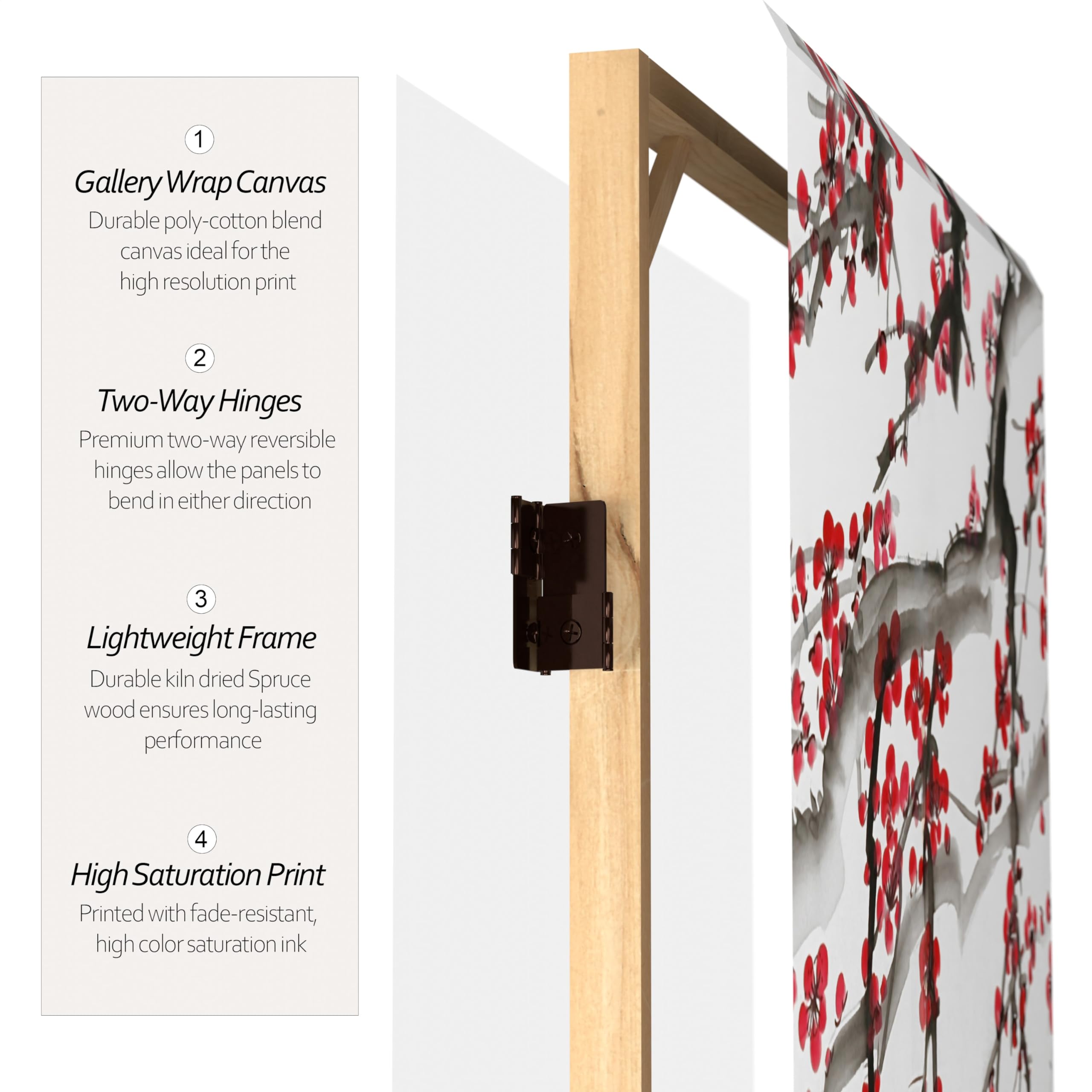 Red Lantern 2 ft. Short Double Sided Plum Blossom Canvas Folding Screen 3 Panel Freestanding Partition and Separator for Modern and Contemporary Bedroom, Home Office, Studio, Dorm, Apartment