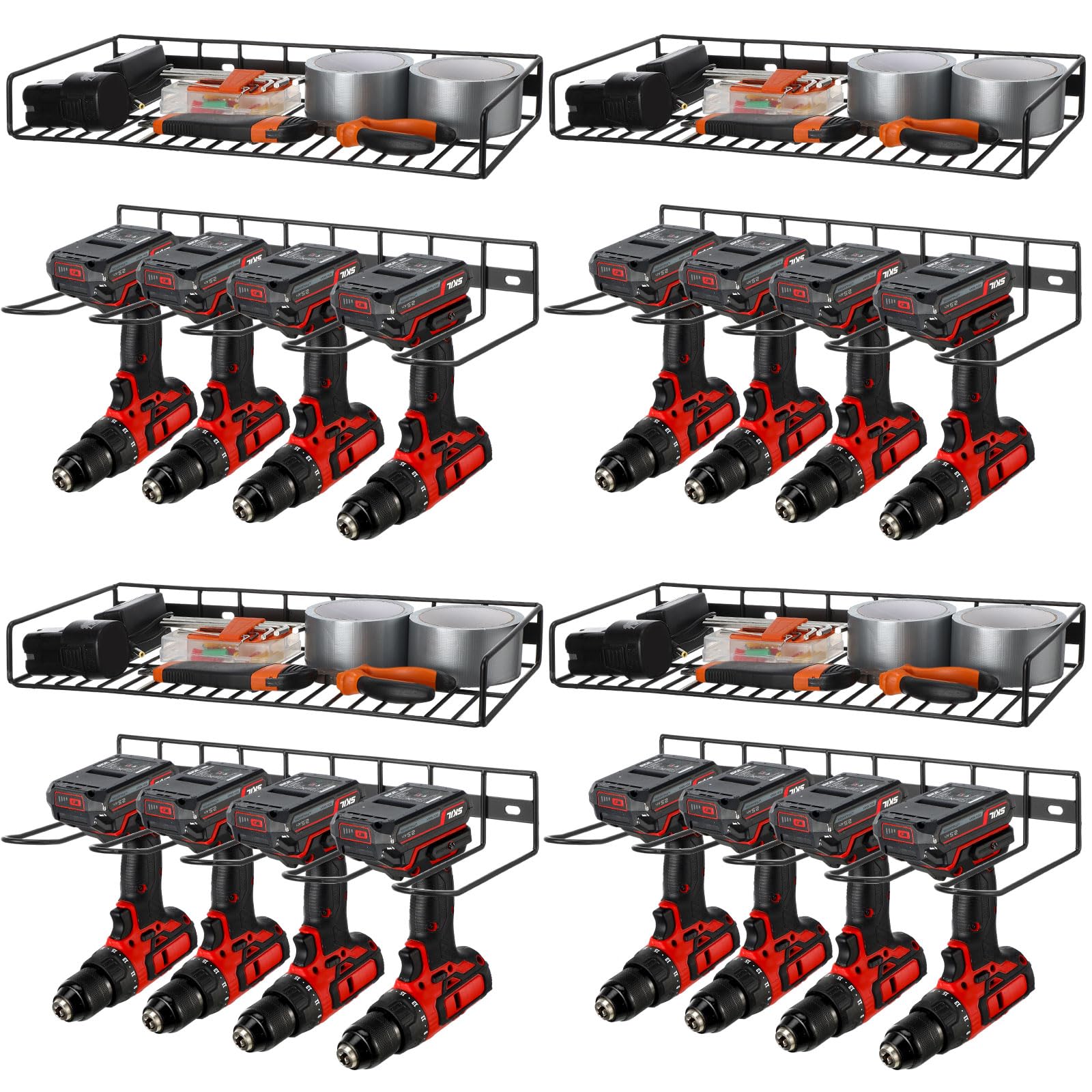 Barydat 4 Pack Power Tool Organizer ​Wall Mounted ​Drill Storage Garage Wall Rack Power Drill Holder Heavy Duty Floating Tool Shelf Battery Charging Station ​for Garage Workshop