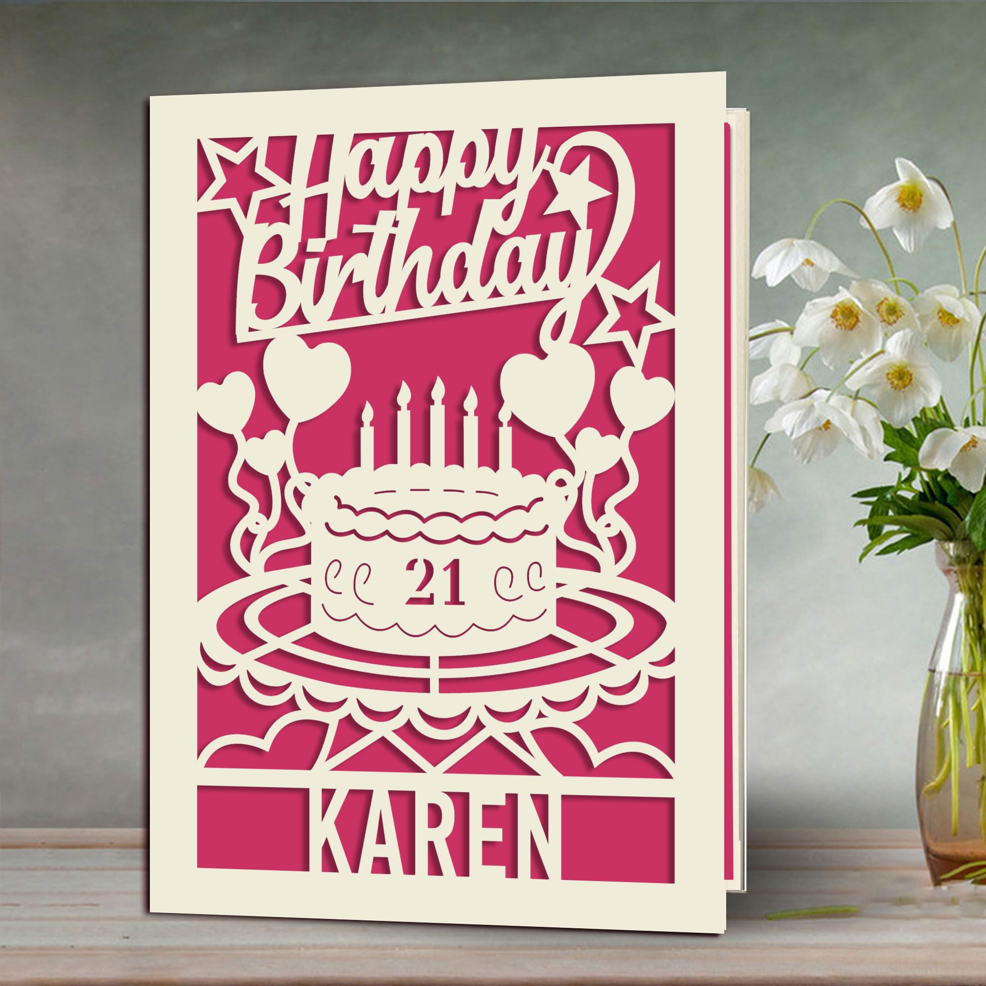 EDSG Birthday Cards for Women Men Personalized Birthday Card for Sister Husband Wife Son Daughter Friend Custom Laser Paper Cut Cards Gifts with Any Age & Name for 3rd 7th 18th 21st 30th (Fuchsia)