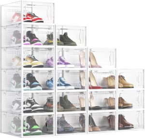 elechomes shoe boxes clear plastic stackable, 18 pack premium shoe organizer storage for closet space saving foldable shoe rack containers, sneaker display case holder shoe bin for entryway drawers