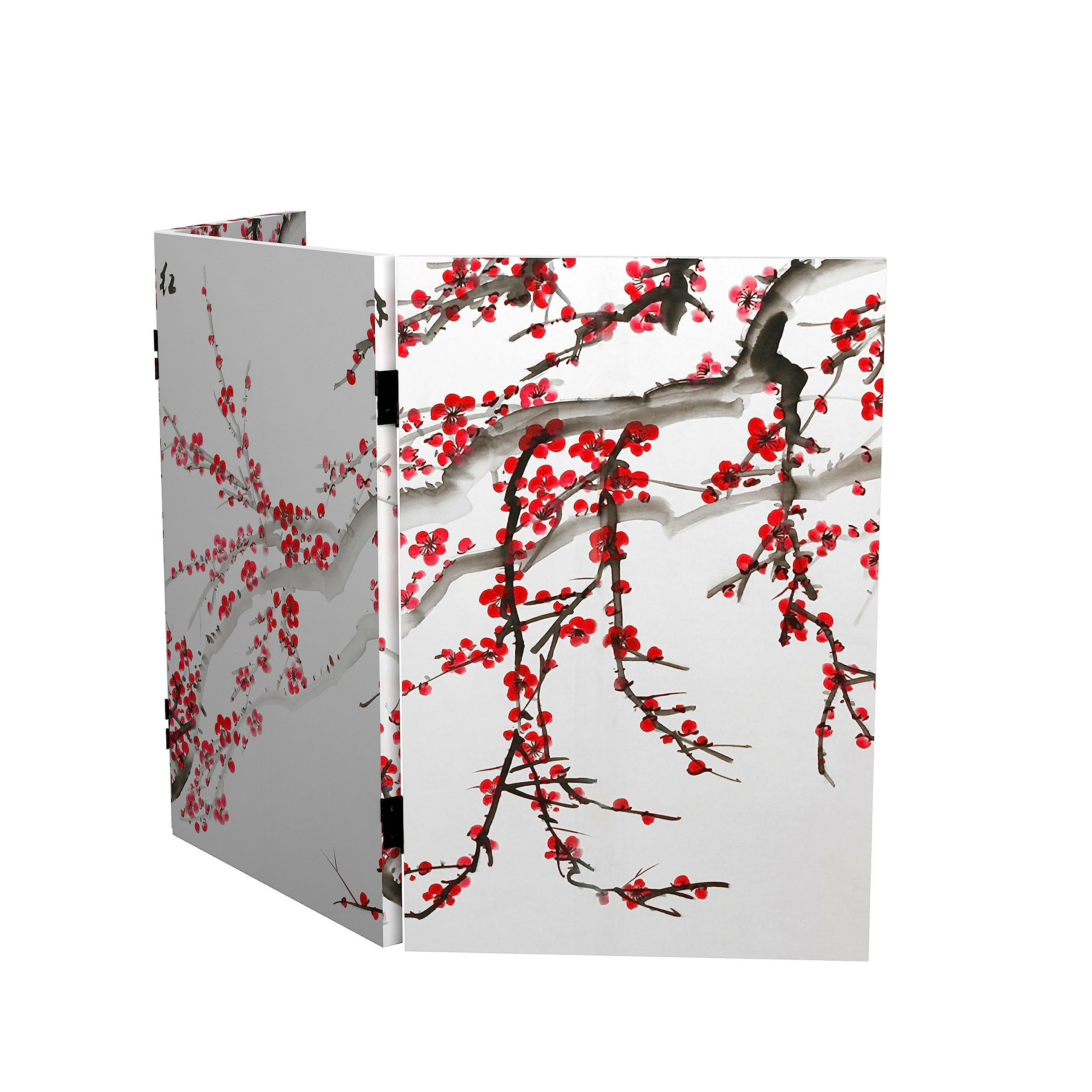 Red Lantern 2 ft. Short Double Sided Plum Blossom Canvas Folding Screen 3 Panel Freestanding Partition and Separator for Modern and Contemporary Bedroom, Home Office, Studio, Dorm, Apartment