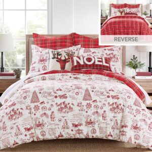 levtex home - yuletide duvet cover set - king holiday duvet cover 106x94 and two king pillow cases 20x36 - christmas holiday script - red and cream - cotton