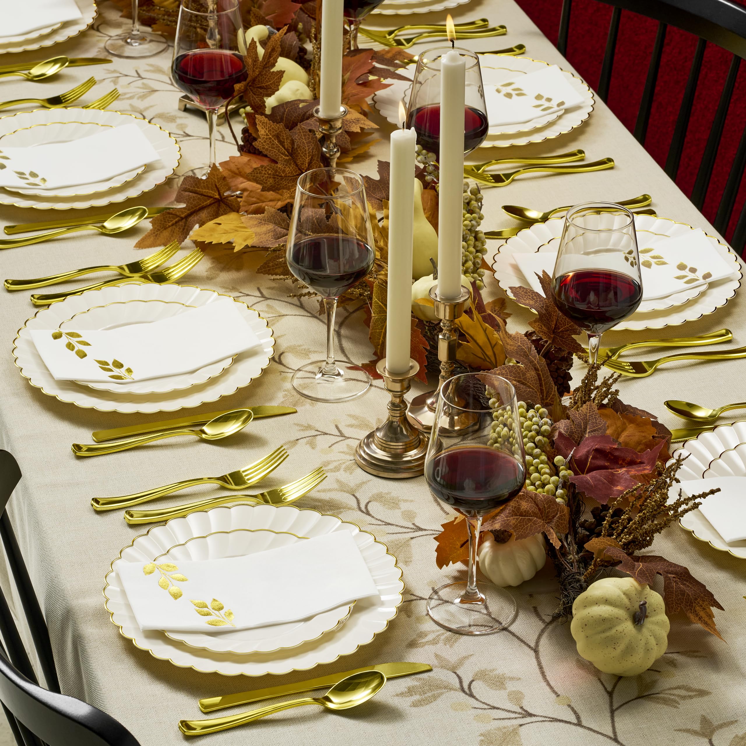 By Madee HEAVYWEIGHT 175 Pc Thanksgiving Plates and Napkins Sets | Ivory Scalloped Plates with Gold Trim | Fall Plastic Plates, Cutlery, Gold Leaf Napkins | High End Disposable Plates (25 Guests)