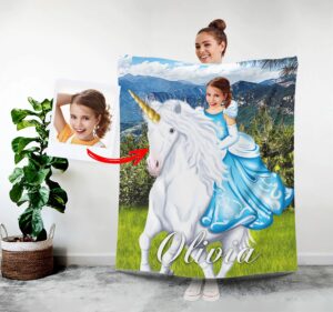 custom princess blanket, girls personalized photo blanket, add your face blankets, princess and unicorn custom gift for her, kids minky throw blanket 30x40 custom photo gifts for girls women l78