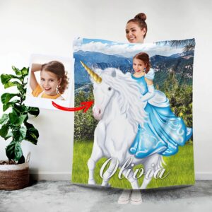 Custom Princess Blanket, Girls Personalized Photo Blanket, Add Your Face Blankets, Princess and Unicorn Custom Gift for Her, Kids Minky Throw Blanket 30x40 Custom Photo Gifts for Girls Women L78