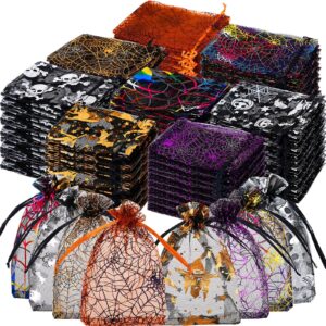 fulmoon 400 pcs halloween organza bags 4 x 6 inches spider web print halloween drawstring treat bags small gift bags for halloween trick or treat party favor gift candy snacks jewelry