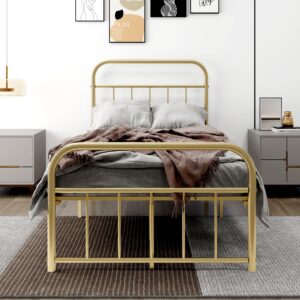 aufank twin xl metal platform bed frame with vintage headboard footboard extra strong support no box spring needed noise free easy assembly gold