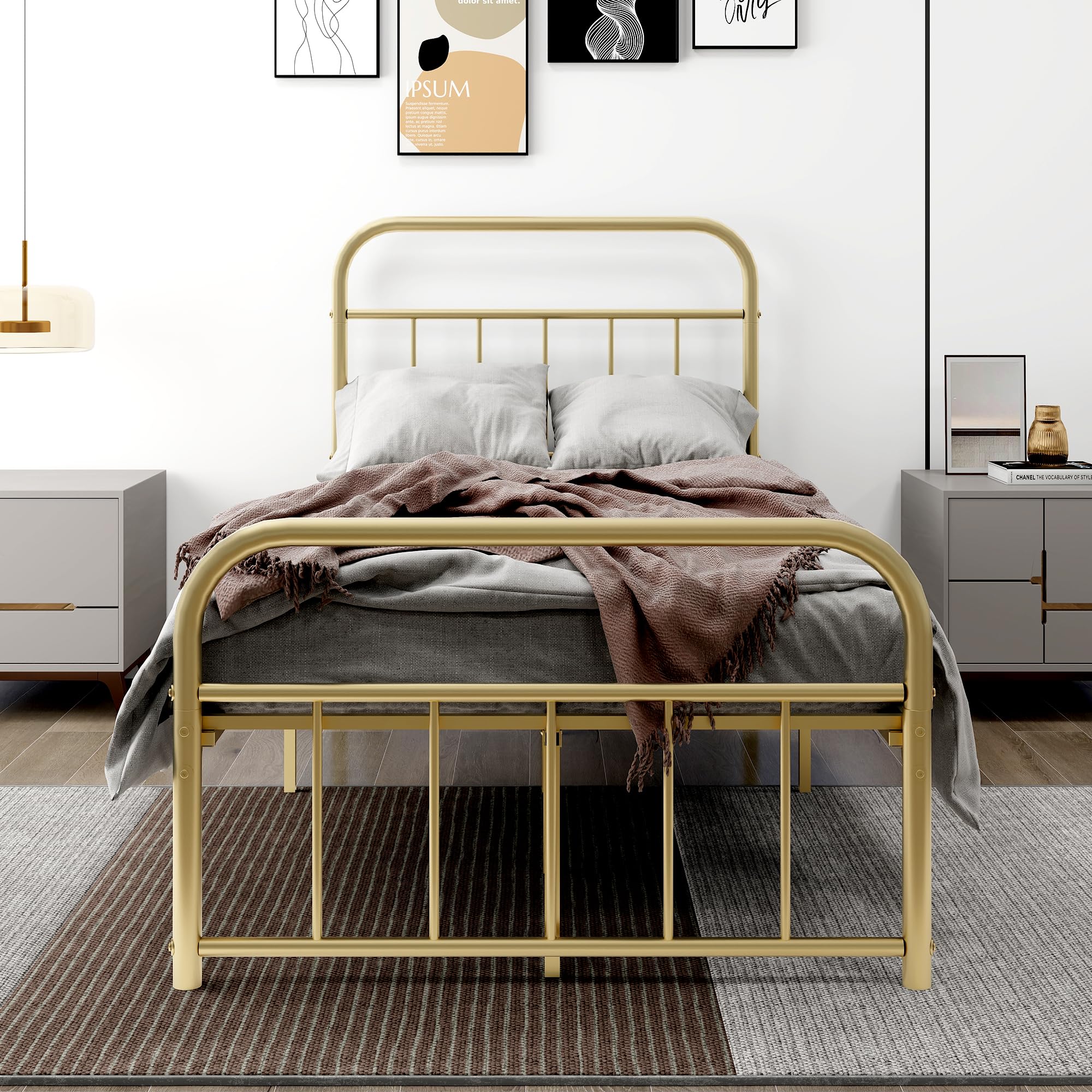 AUFANK Twin XL Metal Platform Bed Frame with Vintage Headboard Footboard Extra Strong Support No Box Spring Needed Noise Free Easy Assembly Gold