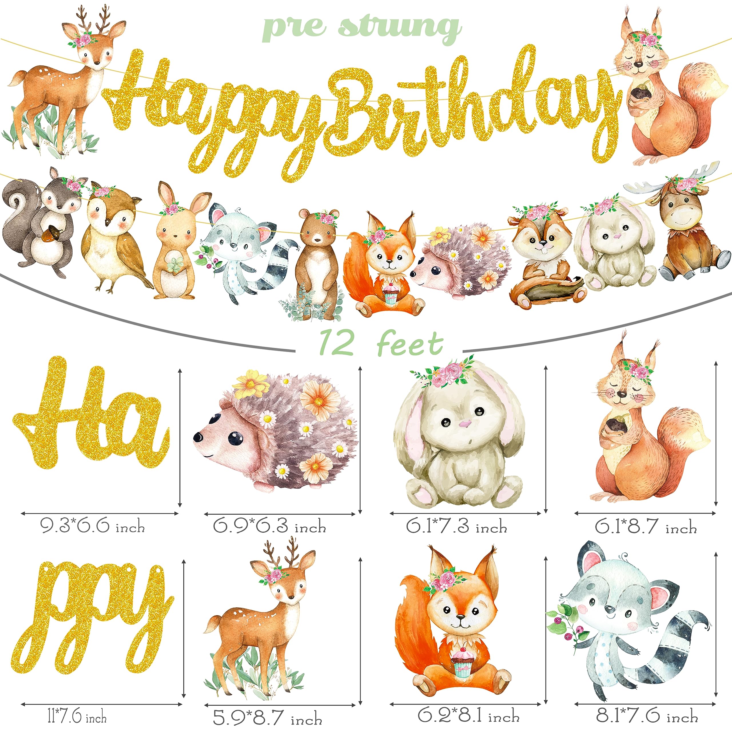 Woodland Animal Happy Birthday Banner Woodland Creatures Banner Decorations 2Pcs Forest Animals Cutout Banners for Woodland Theme Baby Shower Supplies