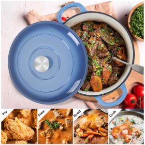 TeamFar 6QT Dutch Oven with Lid, Enameled Nonstick Cast Iron Dutch Oven Cooking Pot for Stewing Baking Braising, Various Stoves & Oven Safe, Toxic Free & Solid, Dual Handles & Easy Cleanup - Blue