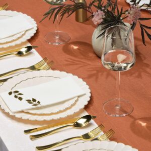 By Madee HEAVYWEIGHT 175 Pc Thanksgiving Plates and Napkins Sets | Ivory Scalloped Plates with Gold Trim | Fall Plastic Plates, Cutlery, Gold Leaf Napkins | High End Disposable Plates (25 Guests)