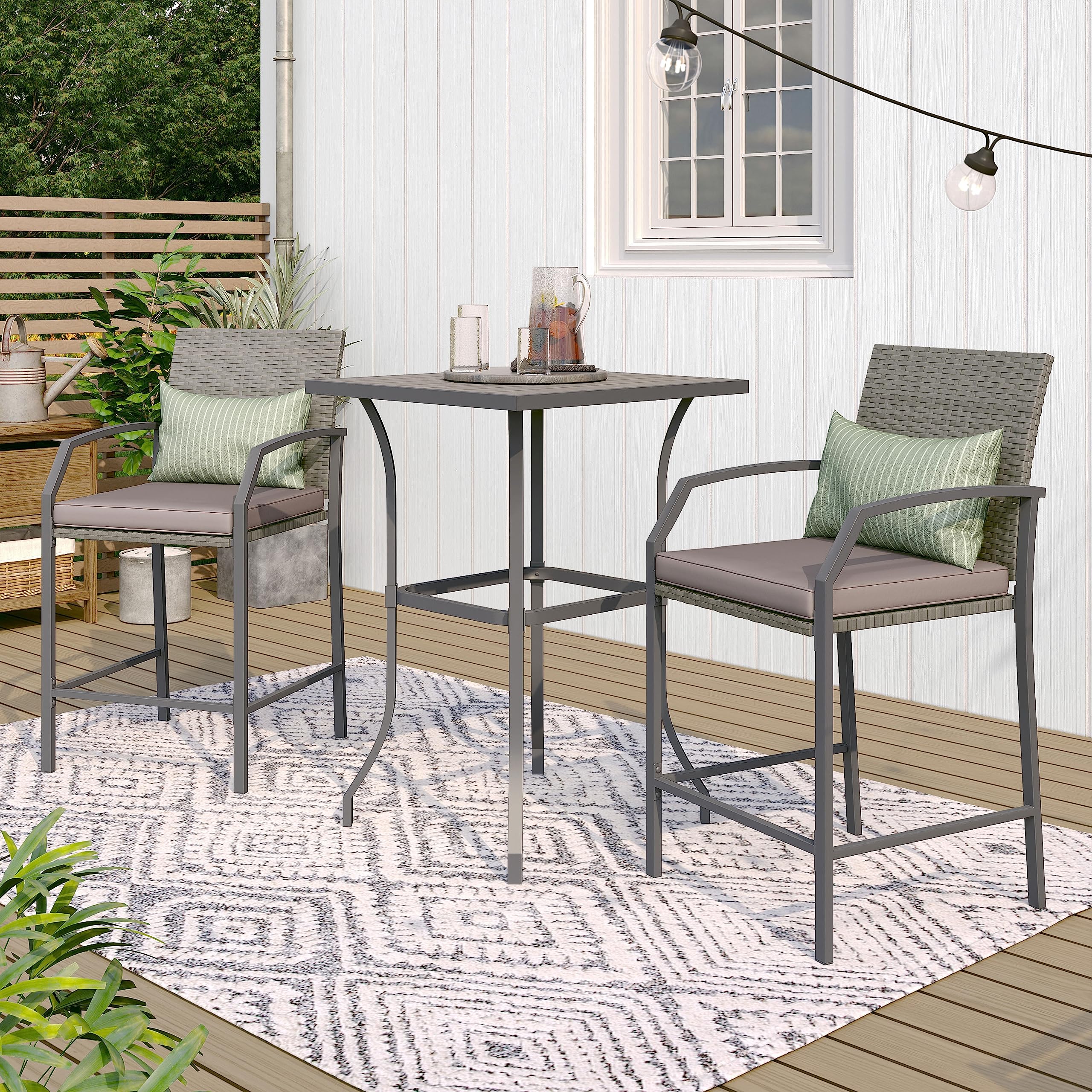 OC Orange-Casual Outdoor Bar Stool Set of 4, All-Weather Wicker High Top Patio Dining Chair, 4 Counter Height Rattan Barstools with High Back & Armrest, for Porch, Garden, Pub, Grey Cushion