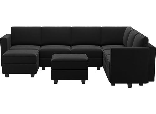 Belffin Modular Sectional Sofa with Storage Seat Oversized U Shaped Couch with Reversible Chaise Sofa Set with Ottoman Velvet Black