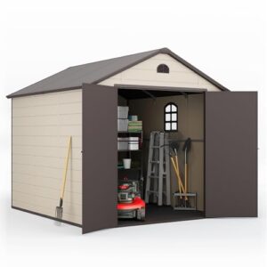 oakville furniture storage shed 8x9.2 ft, resin garden storage, patio storage sheds outdoor with floor waterproof, outdoor sheds garden tools bike shed, garden sheds & outdoor storage, brown