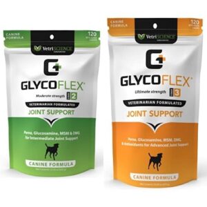 glycoflex 2 hip and joint supplement for active dogs, 120 chews & glycoflex 3 clinically proven hip and joint supplement for dogs, 120 chews