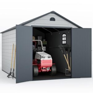 outdoor storage shed 8x12.1 ft, resin storage shed, patio storage sheds outdoor with floor, lockable door, airflow vent, extra large storage shed room for lawn mower, garden tools, furniture set