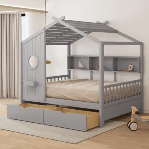 deinppa full house bed for kids, wooden kids bed with storage drawers and bookshelf, built in window box design, cute bed for kids toddler boys girls-grey