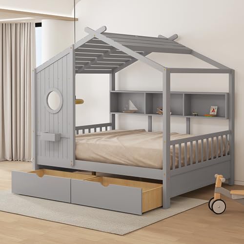 DEINPPA Full House Bed for Kids, Wooden Kids Bed with Storage Drawers and Bookshelf, Built in Window Box Design, Cute Bed for Kids Toddler Boys Girls-Grey