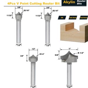 Akylin 4pcs Point Cutting Roundover Router Bit Set,1/4" Shank,Cutting Dia. 3/8“,3/8",1/2" and 1",Round-Over Plunge Cutter for Wood Engraving, 2D and 3D Carving