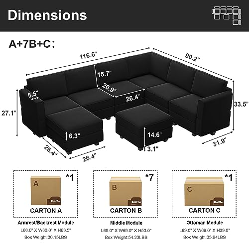 Belffin Modular Sectional Sofa with Storage Seat Oversized U Shaped Couch with Reversible Chaise Sofa Set with Ottoman Velvet Black