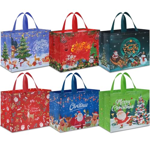 AhfuLife 6PCS Extra Large Christmas Gift Bags, 15.7'' x 14.2''x 5.9'', Christmas Tote Bags with Handles, Reusable Christmas Shopping Bags for New Year, Xmas's Party Supplies Decorations