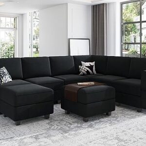 Belffin Modular Sectional Sofa with Storage Seat Oversized U Shaped Couch with Reversible Chaise Sofa Set with Ottoman Velvet Black