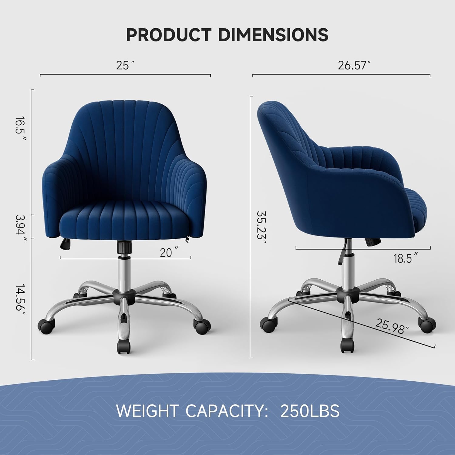 Warmiehomy Modern Home Office Chair with Wheels Mid-Back Upholstered Velvet Computer Task Chair for Small Space, Living Room, Make-up, Studying, Dark Blue Desk Chair