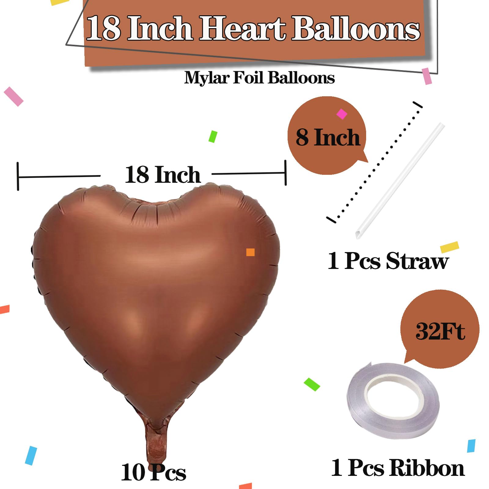 KALOR 18 Inch Brown Heart Mylar Balloons, 10 Pcs Love Foil Balloons, Heart Shaped Balloons for Engagement, Bridal Shower and Birthday Party Decorations