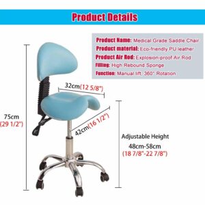 NUNETH Saddle Chair Dental Hygienist, 48-58 Cm Saddle Stool Rolling Chair with Adjustable Back Rest, Ergonomic Medical Salon Chair for Hospital (Color : Blue)