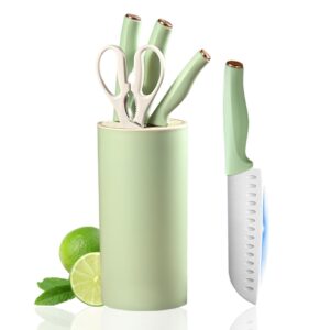 kitchen knife set, 5 pcs green professional chef knife set with block, super sharp stainless steel cooking knife set contains round stand, knives, scissors for home restaurant apartment