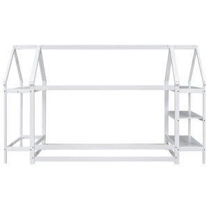 HomSof Twin House-Shaped Floor Bed with Bookshelf and HallTrees,White,108.6”x44.8”x66.2”