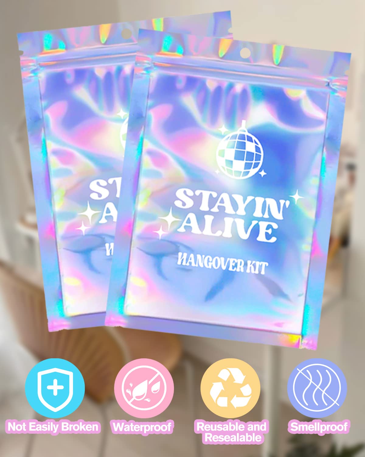 SILFGRLF Stayin' Alive Bachelorette Party Hangover Kits Bags, 50 Pcs Holographic Bags (5"x7") Bachelorette Party Supplies Last Disco Party Favors Printed