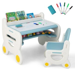 costzon kids table and chair set, plastic activity table with watercolor pens, blackboard eraser & storage shelf for drawing, reading, playing, eating, toddler table and chair (blue)