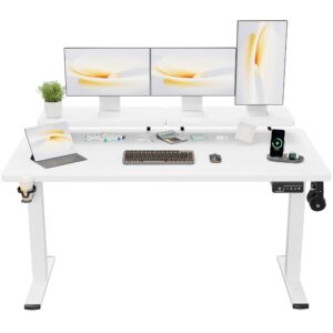 shahoo electric standing desk with monitor shelf, 63 x 27 inches height adjustable corner table, computer workstation with cup holder and hook for home office, white, 63x27 inch