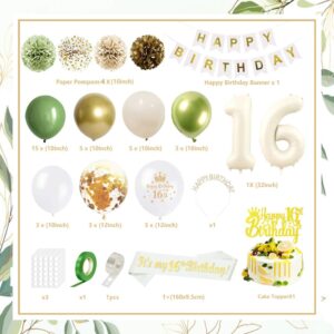 GYESXYW Sage Green 16th Birthday Decorations for Girls, Olive Green and Gold Sweet 16 Party Decorations Set, Happy Birthday Banner, Birthday Sash, Crown, Confetti Balloons for Her Party Supplies