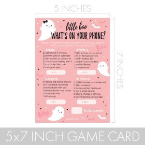 DISTINCTIVS Pink A Little Boo is Almost Due Girl Baby Shower Games - What's On Your Phone and Word Scramble (2 Game Bundle) - 20 Dual Sided Cards, Halloween Baby Shower